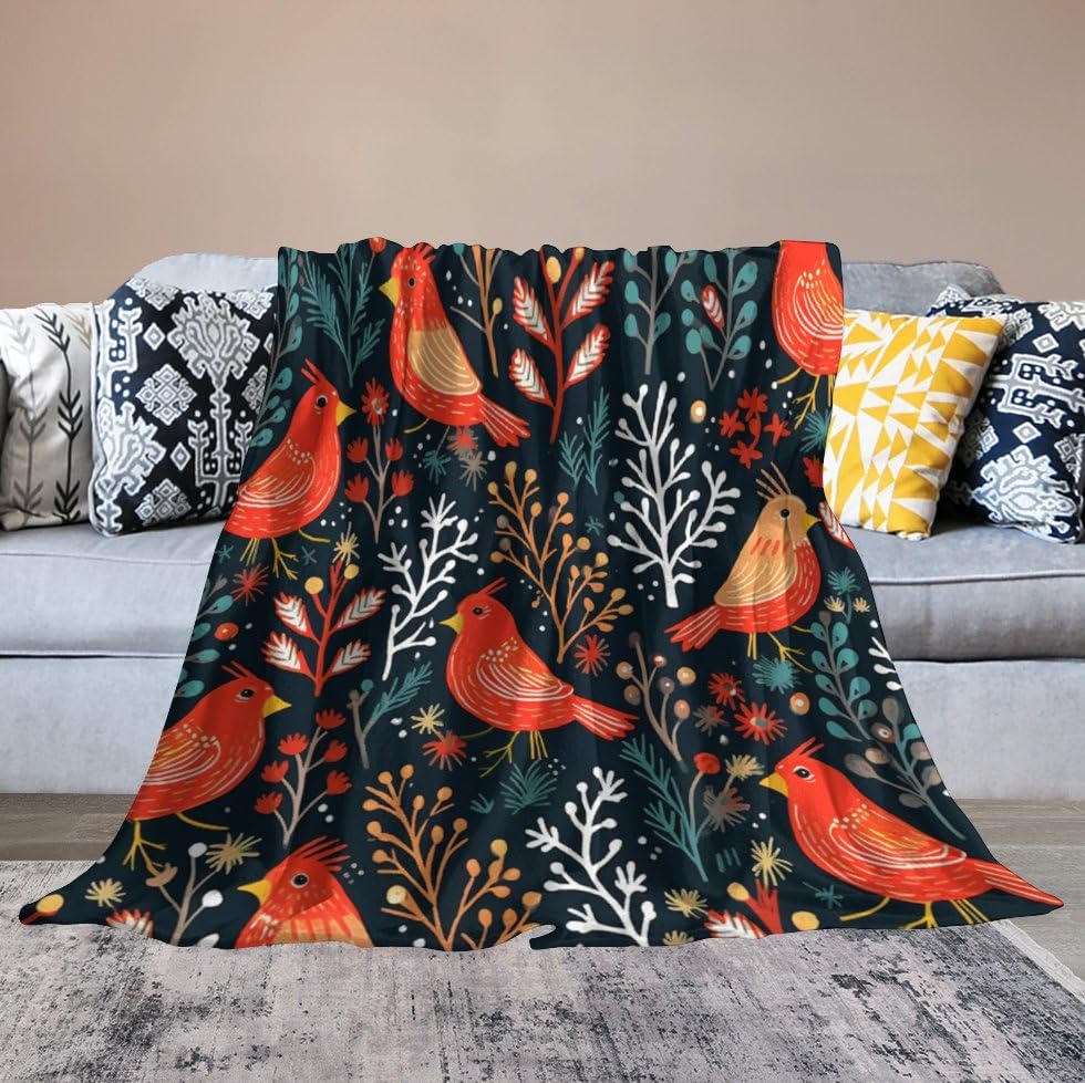 Blanket Red Christmas Birds Plush Throw Fleece Blanket Happy New Year Soft Cozy Microfiber Throw Blanket for Couch Sofa Bed for Adult Kid Birthday 40"x50" Ultra Soft Plush Cozy Xmas Prints