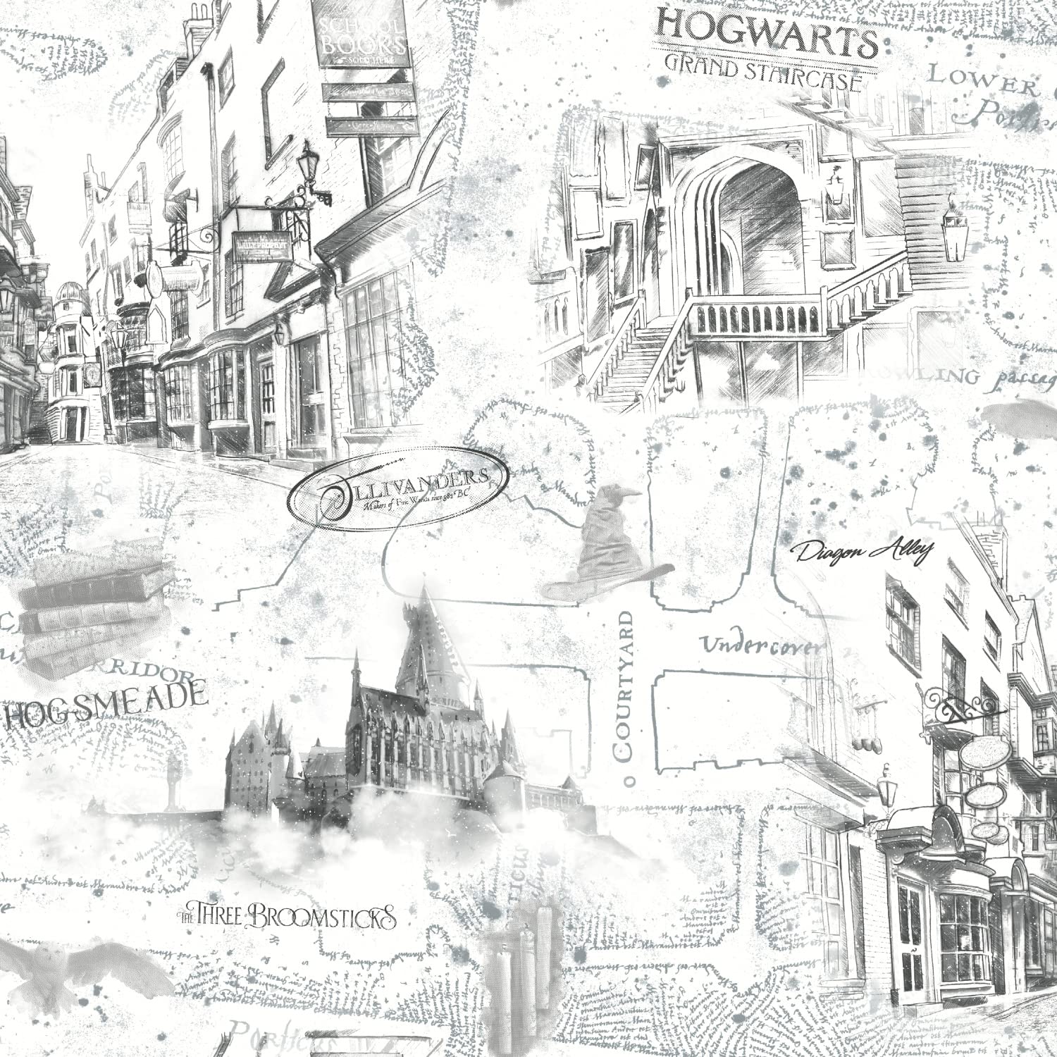RoomMates RMK12353PL Harry Potter Map Peel and Stick Wallpaper, White, 30 Sq Ft