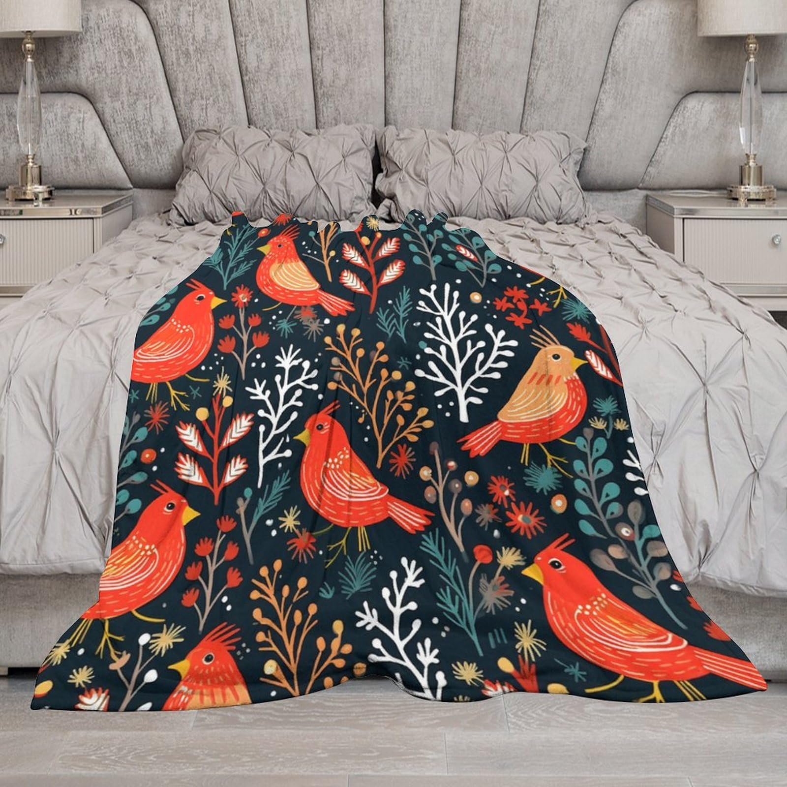 Blanket Red Christmas Birds Plush Throw Fleece Blanket Happy New Year Soft Cozy Microfiber Throw Blanket for Couch Sofa Bed for Adult Kid Birthday 40"x50" Ultra Soft Plush Cozy Xmas Prints