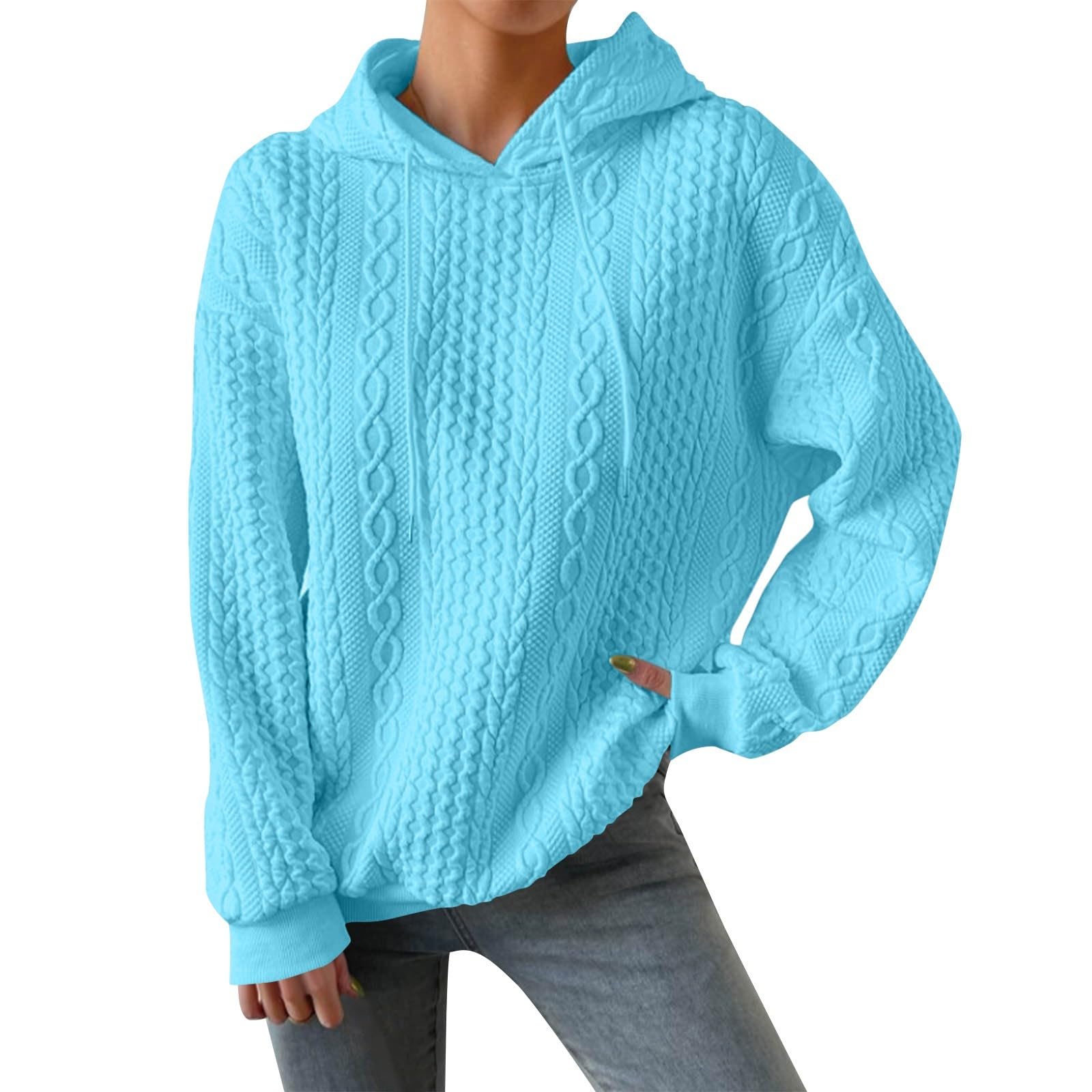 PETYCZEN Fall Sweatshirts for Women Casual Long Sleeve Slouchy Cozy Lightweight Cable Knit Oversized Hoodie Chunky Y2K Sweater Drawstring Pullover Tops Trendy Clothes with Pockets Light Blue 3X-Large