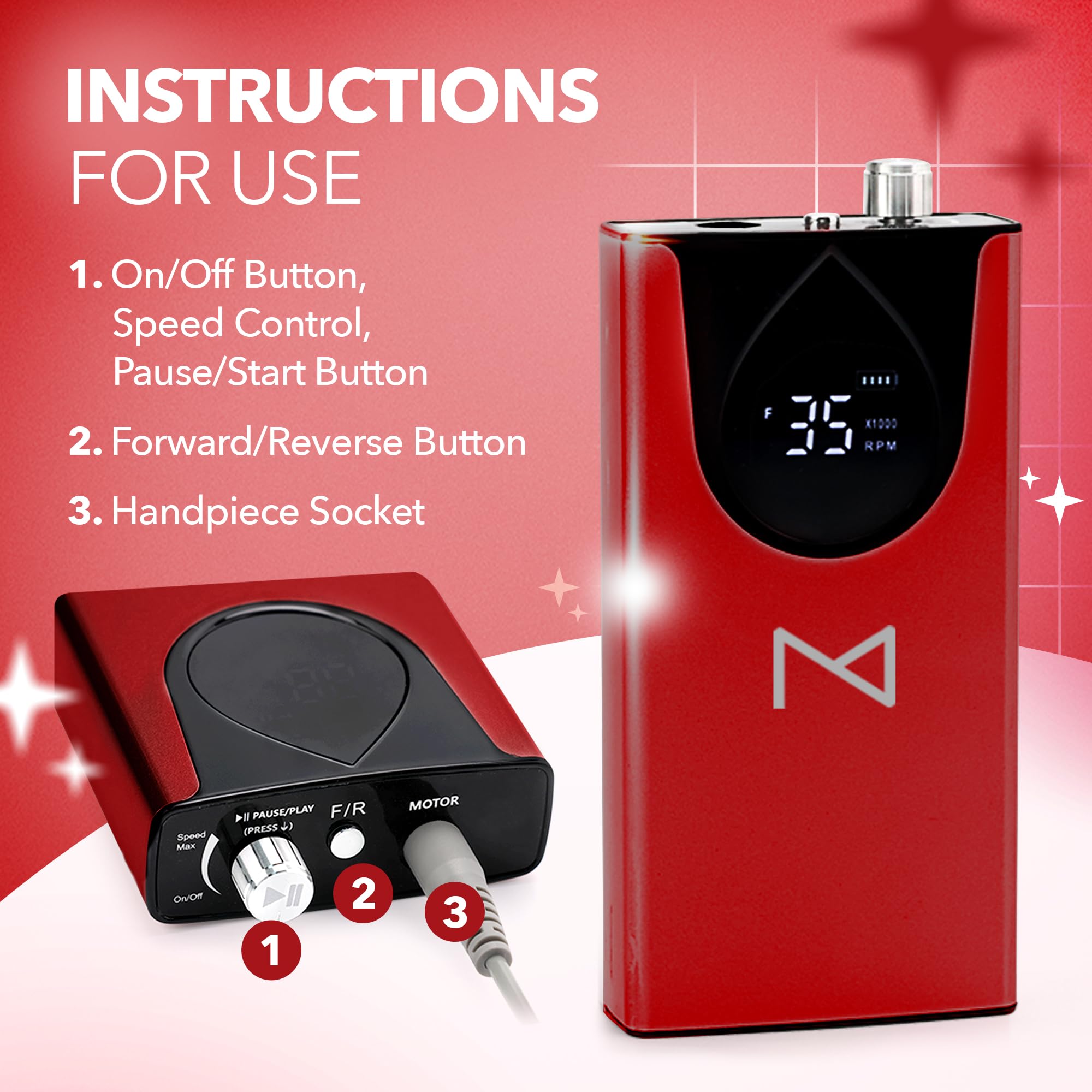 M Max - Nail Drill Professional - 2-in-1 Brushless Motor Nails Drill Machine - Electric, Cordless, Aluminium Alloy Casing, 35000 RPM, HD Display - Perfect for Salon & Home Use (Red)