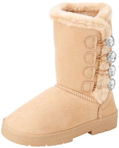 bebe Girl's Fur Lined Winter Boot with Rhinestone Details (Toddler/Little Girl/Big Girl), Size 2 Little Kid, Tan