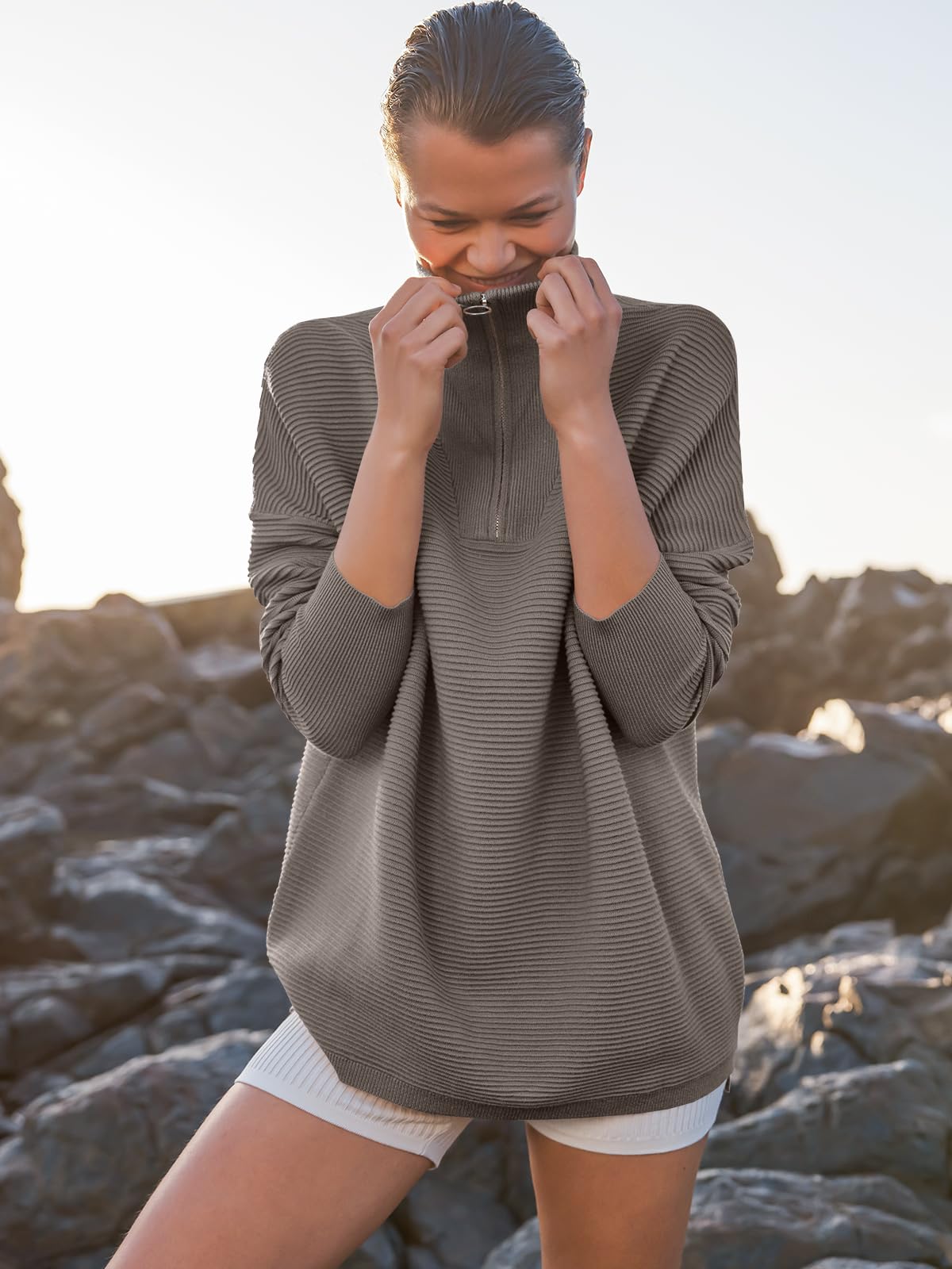 ANRABESS Women Quarter Zip Oversized Casual Loose Rib Knit Cozy Pullover Sweaters Top 2025 Fall Fashion Outfits Clothes Gray Coffee Medium