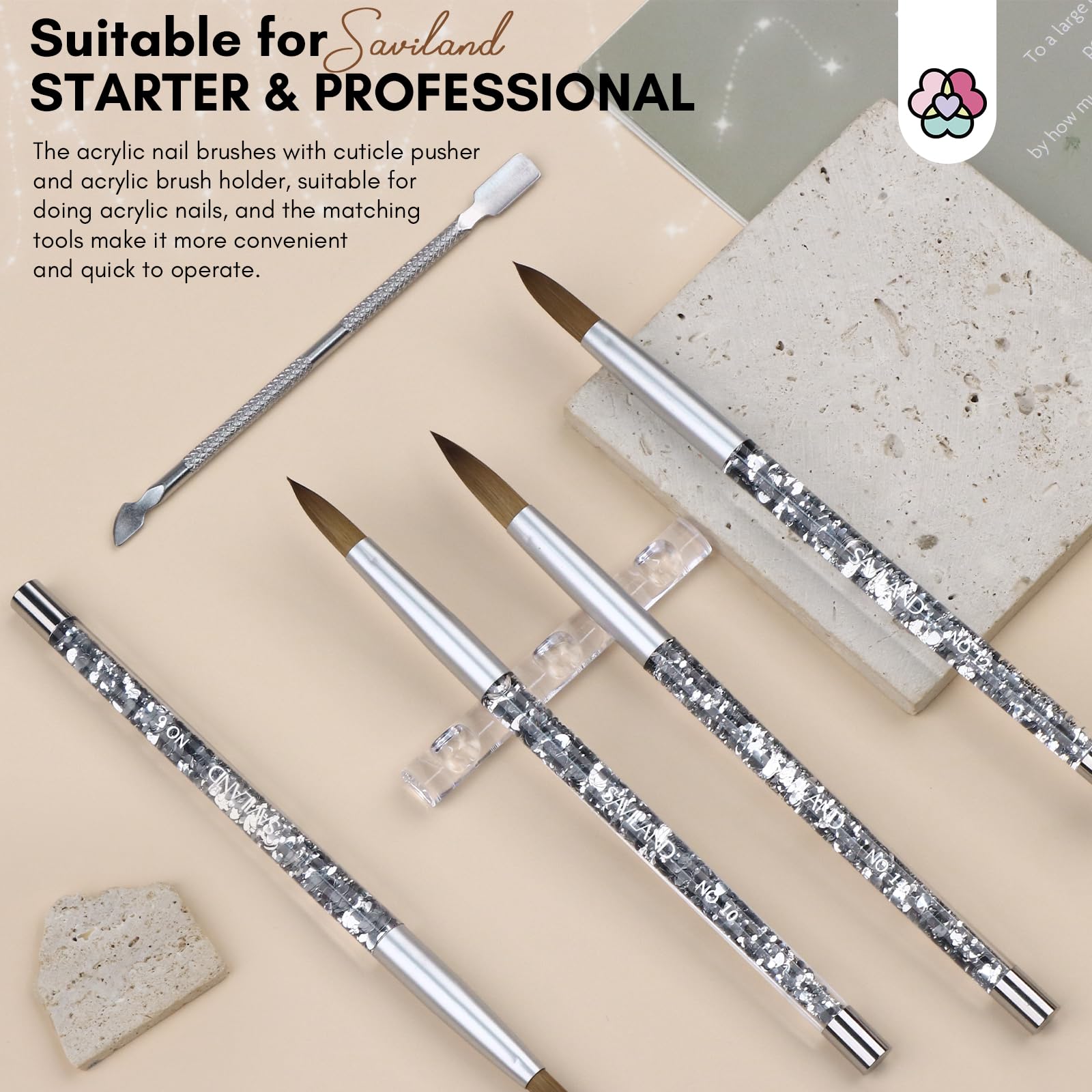 Saviland 4PCS Acrylic Nail Brush Set - Size 6/10/12/14 Acrylic Nail Brushes for Acrylic Application, Professional Acrylic Brushes for Nails Set with Nail Brush Holder & Cuticle Pusher for Manicure DIY