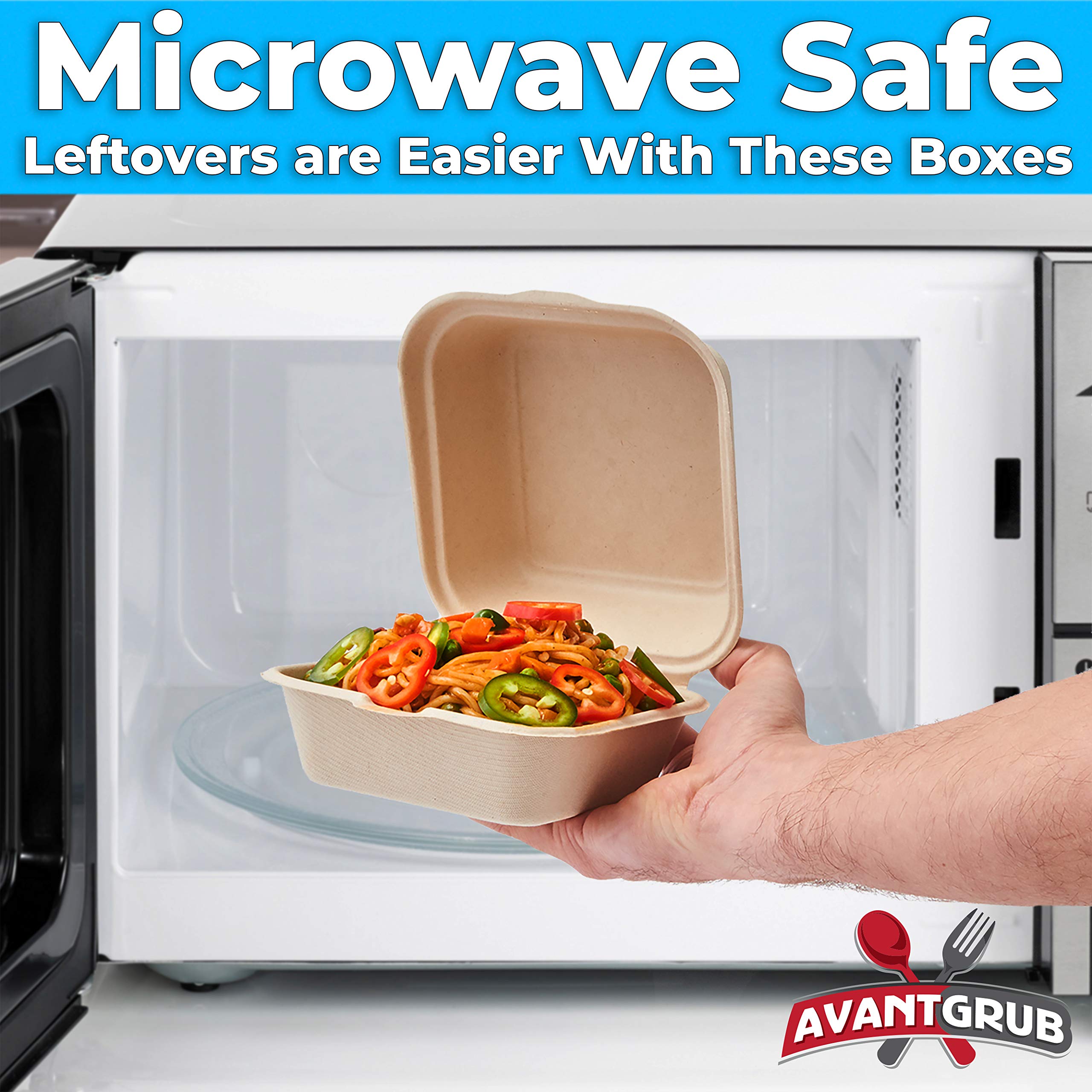 Avant Grub Durable, Grease-Proof 6x6 Clamshell Small To Go Box 100pk. Disposable, Leak-Proof and Microwavable Take Out Food Container With Hinged Lid. Great for Parties, Restaurants and Food Trucks!