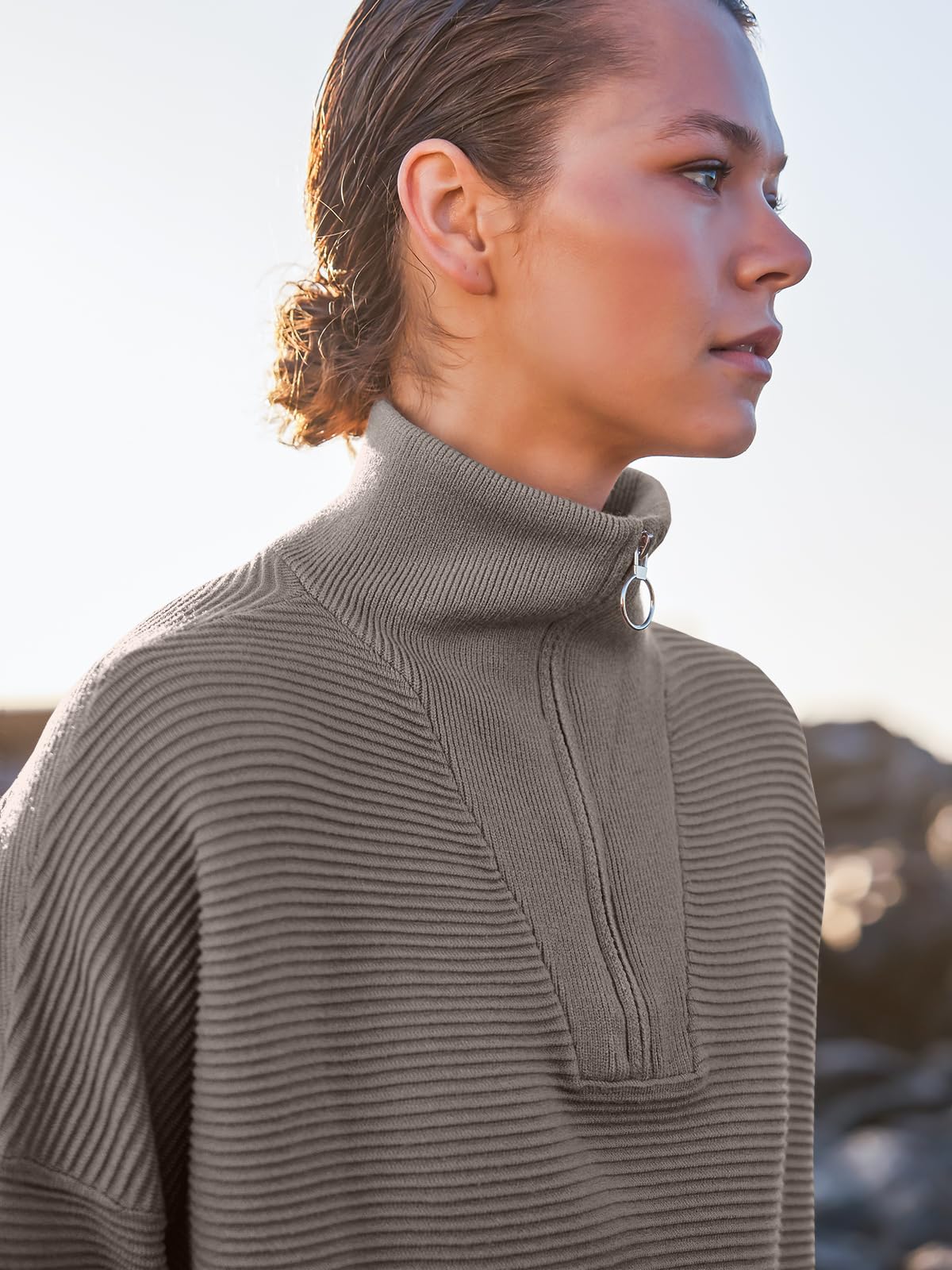 ANRABESS Women Quarter Zip Oversized Casual Loose Rib Knit Cozy Pullover Sweaters Top 2025 Fall Fashion Outfits Clothes Gray Coffee Medium