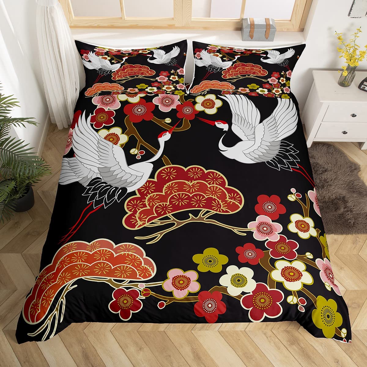 Erosebridal Japanese Ukiyoe Duvet Cover Cherry Blossom Bedding Sets King White Crane Bird Comforter Cover Animal and Botanical Theme Bedding, Microfiber Breathable Quilt Cover Black