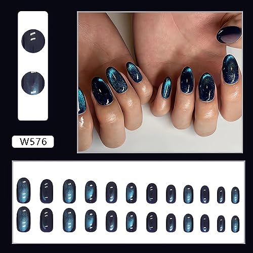 Aurora Press on Nails Almond, LPOODDNU Medium Press on Nails Aurora Cat Eye Glue on Nails for Women, Full Cover Stick on Nails - 24 Pcs Medium Oval False Nails Set