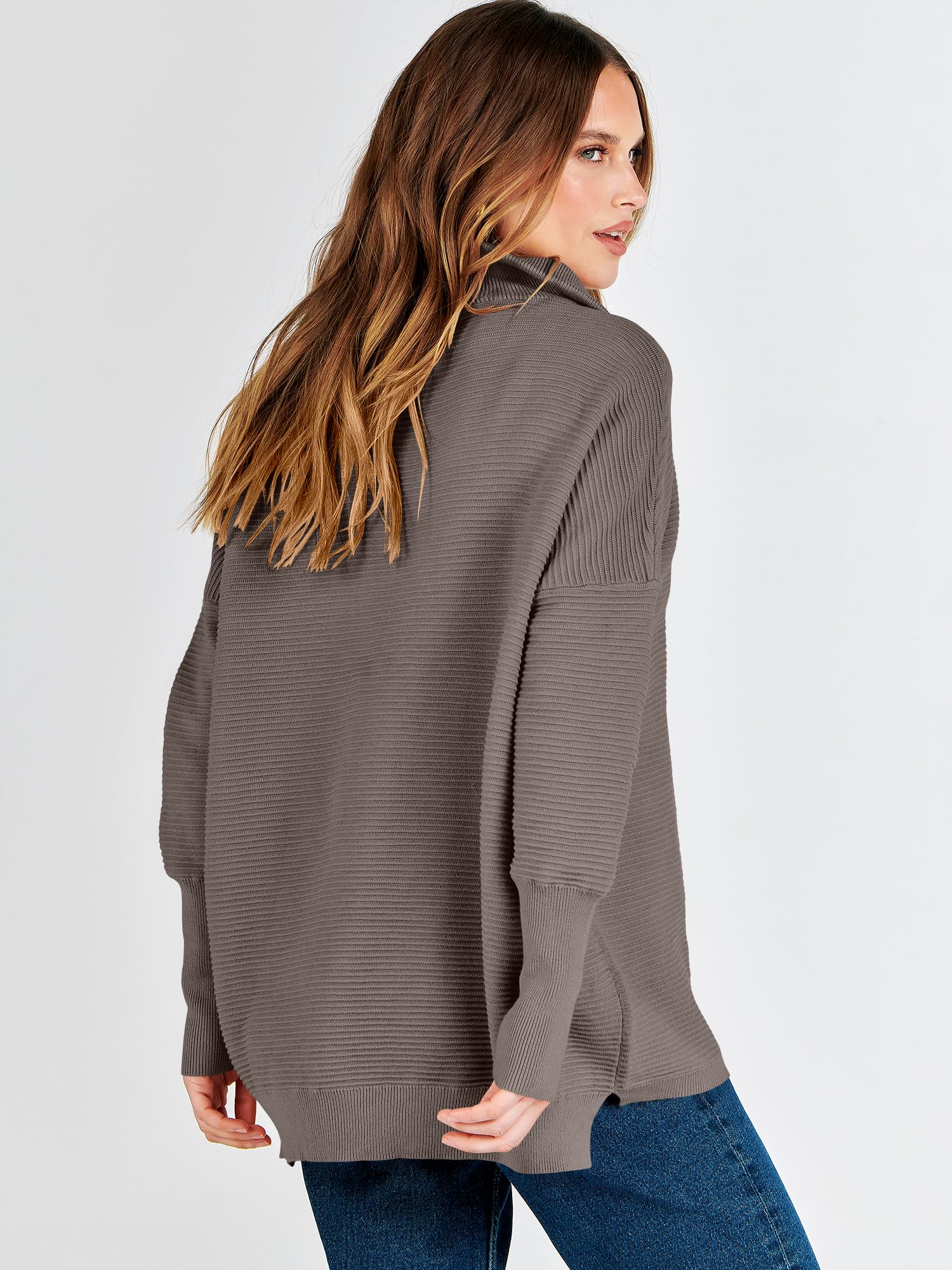 ANRABESS Women Quarter Zip Oversized Casual Loose Rib Knit Cozy Pullover Sweaters Top 2025 Fall Fashion Outfits Clothes Gray Coffee Medium