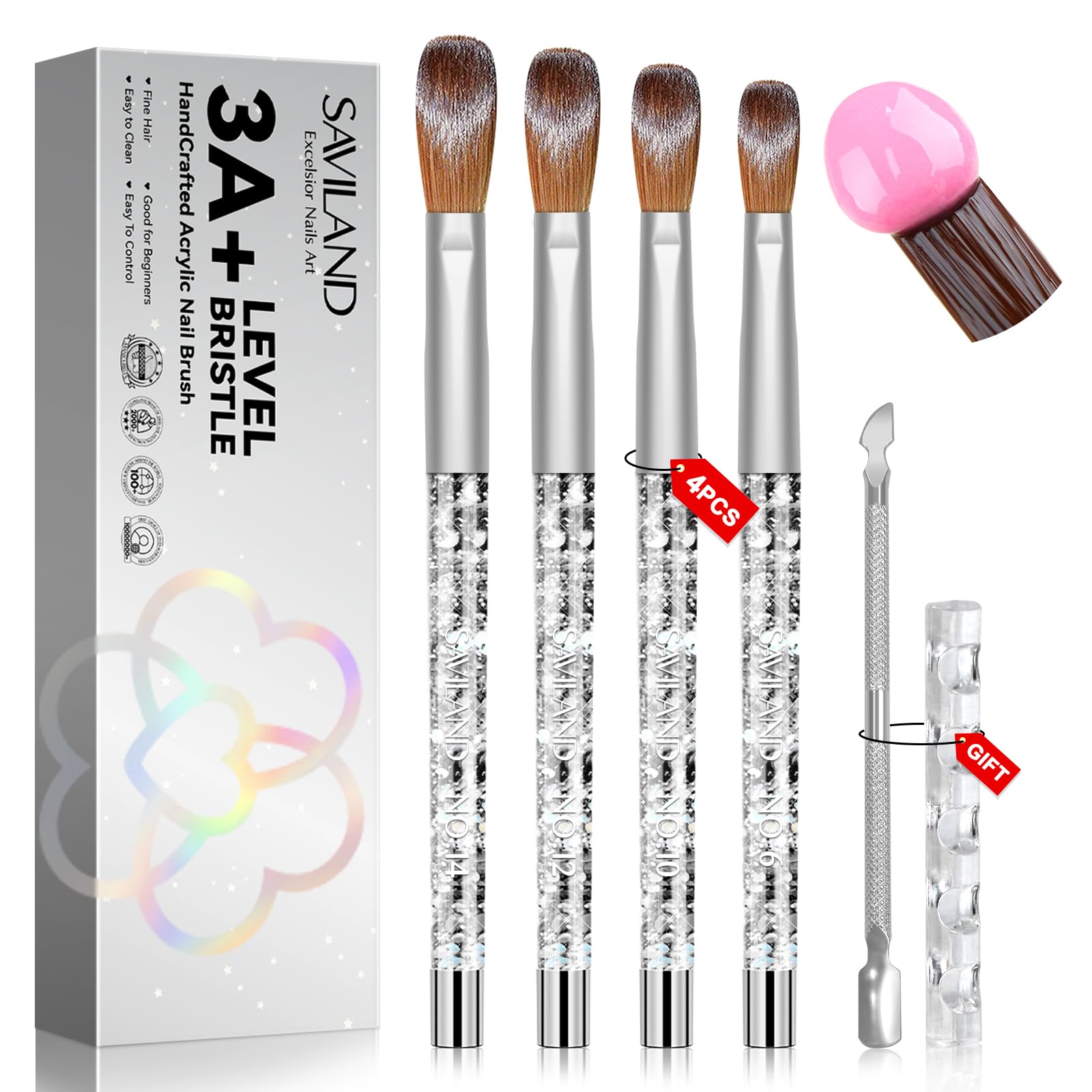 Saviland 4PCS Acrylic Nail Brush Set - Size 6/10/12/14 Acrylic Nail Brushes for Acrylic Application, Professional Acrylic Brushes for Nails Set with Nail Brush Holder & Cuticle Pusher for Manicure DIY