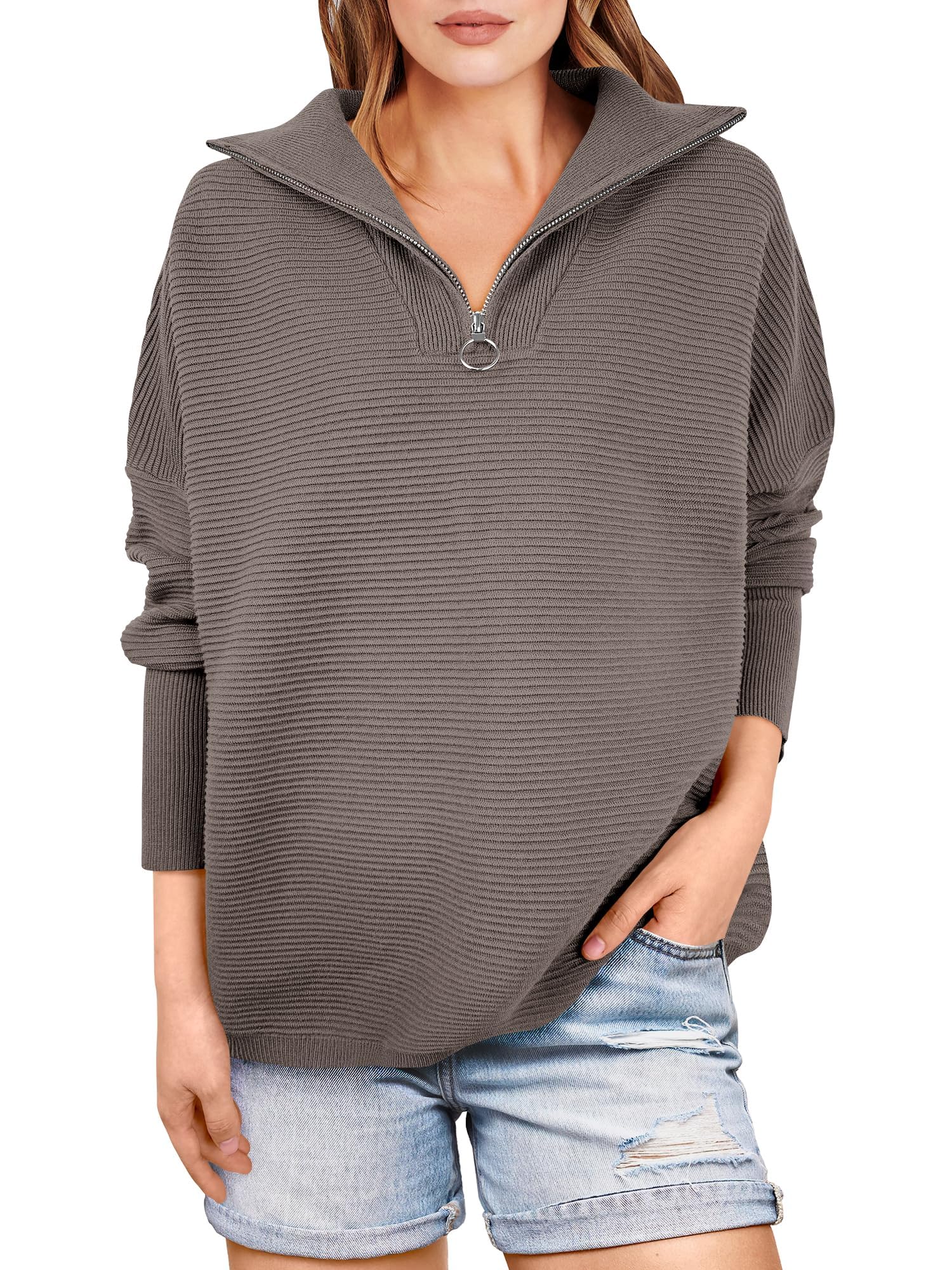 ANRABESS Women Quarter Zip Oversized Casual Loose Rib Knit Cozy Pullover Sweaters Top 2025 Fall Fashion Outfits Clothes Gray Coffee Medium