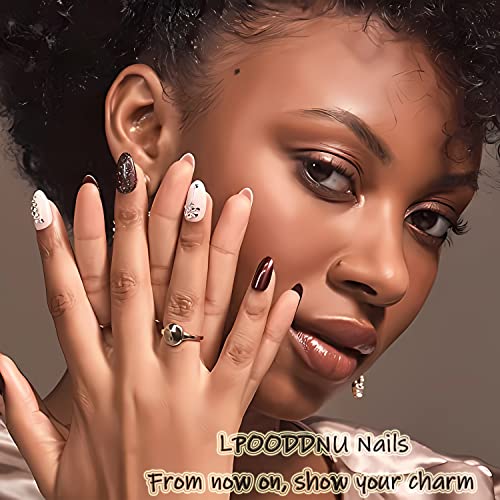 Aurora Press on Nails Almond, LPOODDNU Medium Press on Nails Aurora Cat Eye Glue on Nails for Women, Full Cover Stick on Nails - 24 Pcs Medium Oval False Nails Set