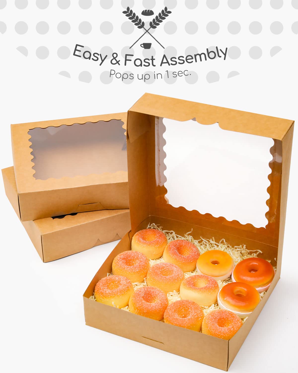 qiqee Auto-pop up Brown Pie Boxes with Window 10x10x2.5 inch 30Packs Cookie Donut Bakery Box