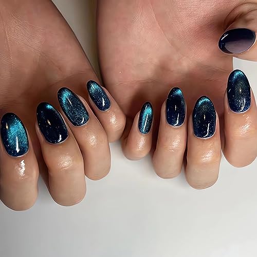 Aurora Press on Nails Almond, LPOODDNU Medium Press on Nails Aurora Cat Eye Glue on Nails for Women, Full Cover Stick on Nails - 24 Pcs Medium Oval False Nails Set