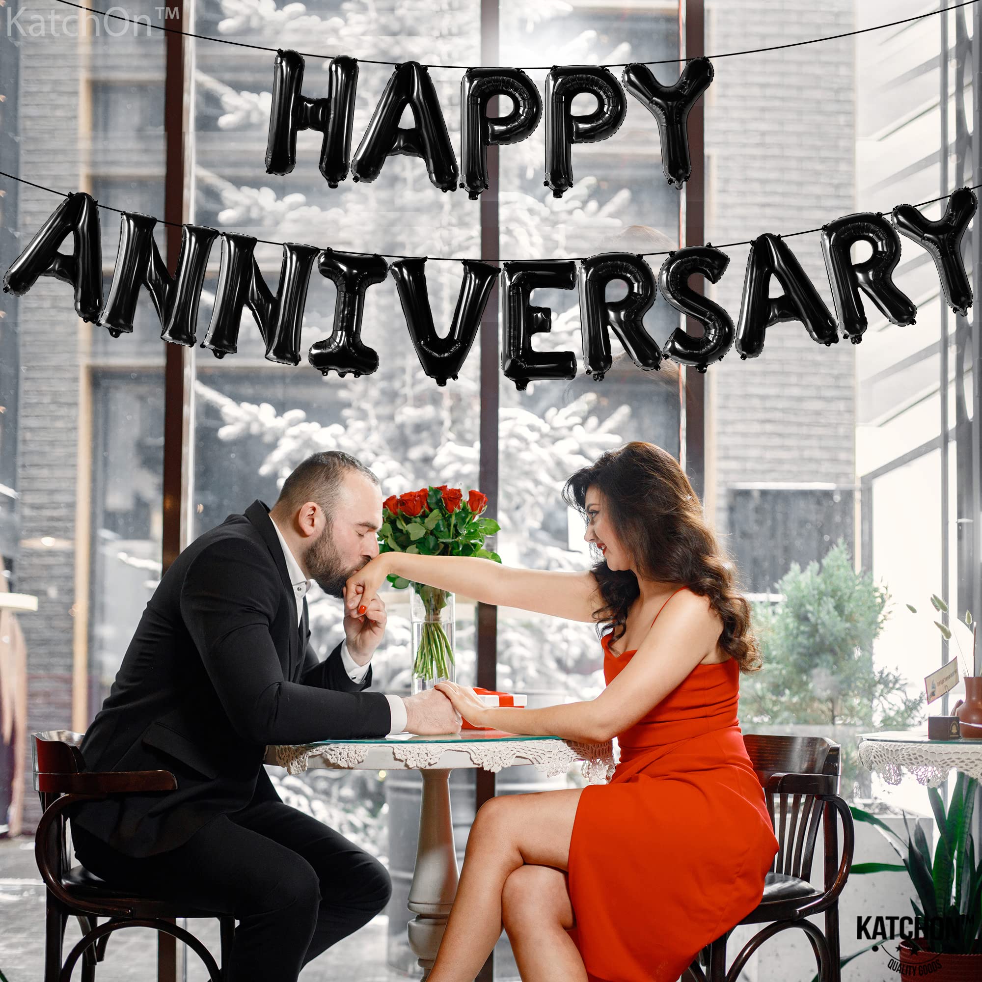 KatchOn, Happy Anniversary Balloons Black - 16 Inch | Black Happy Anniversary Banner for Happy Anniversary Decorations | Black Happy Anniversary Backdrop | Black Happy Anniversary Balloon Banner