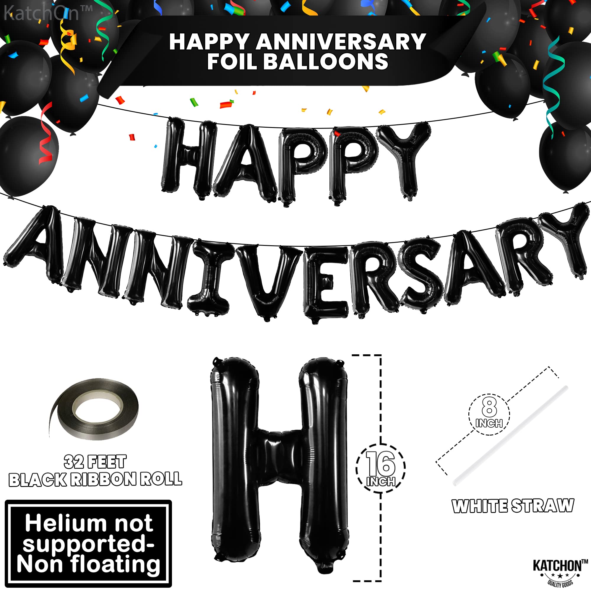 KatchOn, Happy Anniversary Balloons Black - 16 Inch | Black Happy Anniversary Banner for Happy Anniversary Decorations | Black Happy Anniversary Backdrop | Black Happy Anniversary Balloon Banner