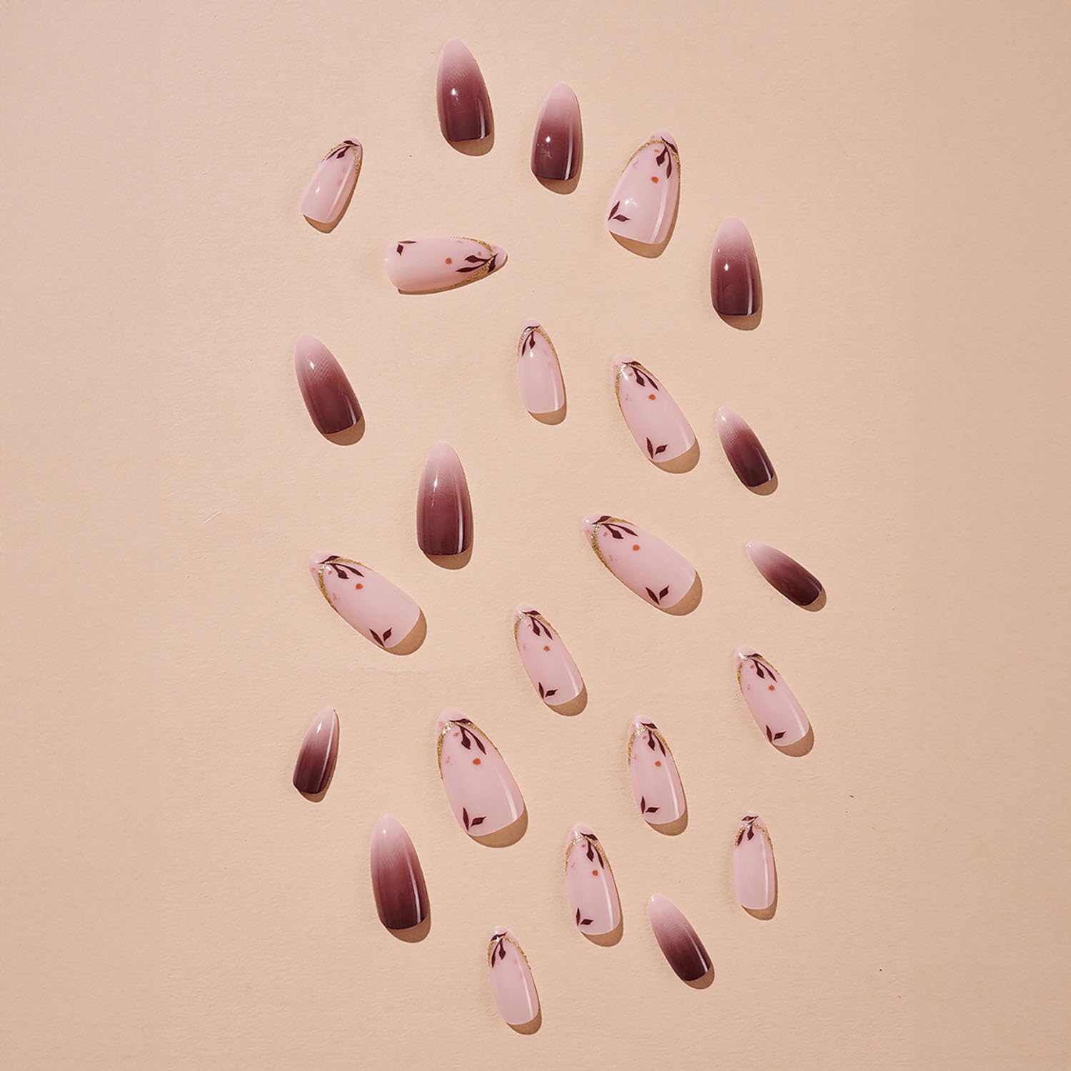 Fall Press on Nails Medium Almond SWEKKE Fake Nails Brown Gradient Full Cover Leaves False Nails with Designs Glitter Glossy Glue on Nails Manicure Artificial Acrylic Nails for Women Girls 24Pcs