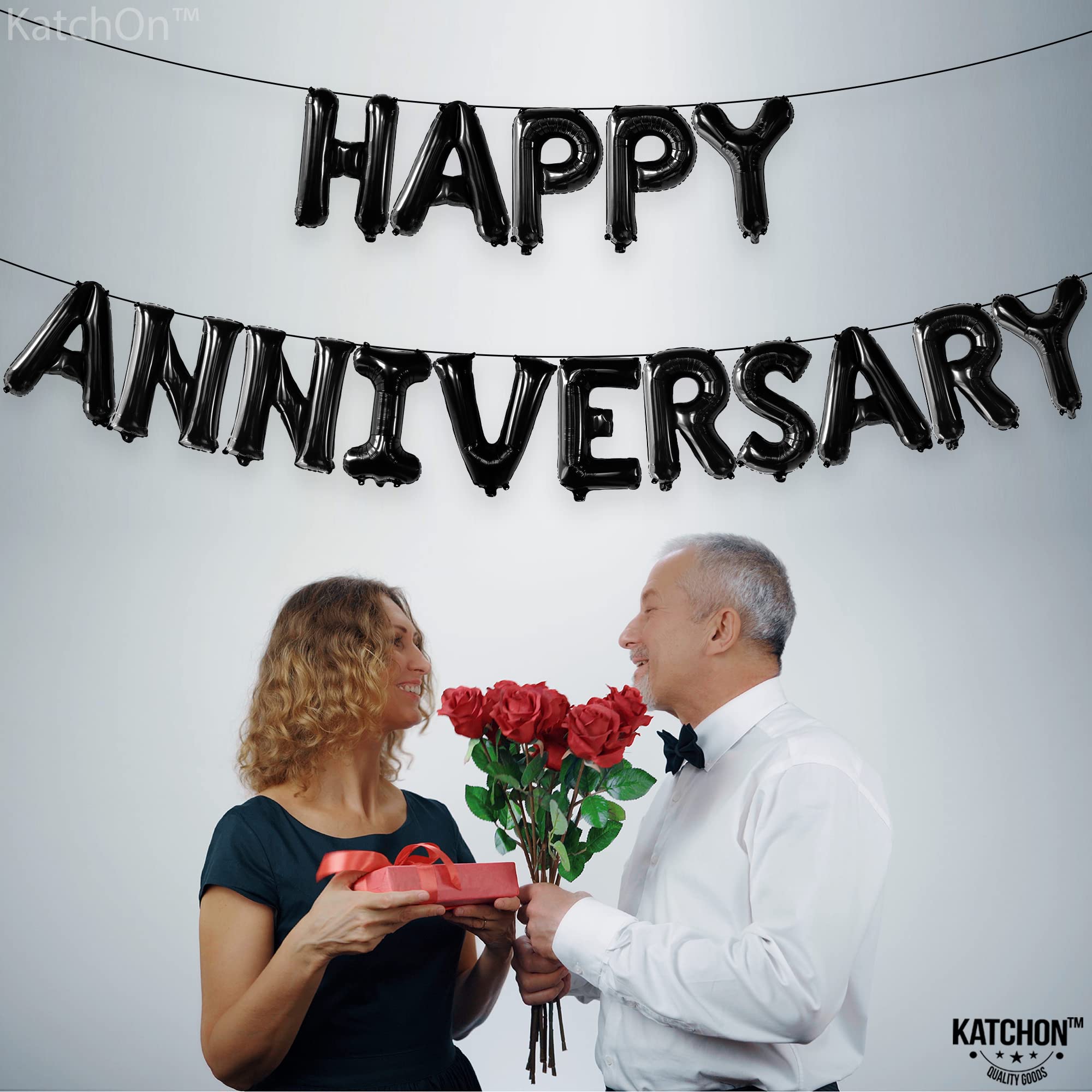 KatchOn, Happy Anniversary Balloons Black - 16 Inch | Black Happy Anniversary Banner for Happy Anniversary Decorations | Black Happy Anniversary Backdrop | Black Happy Anniversary Balloon Banner
