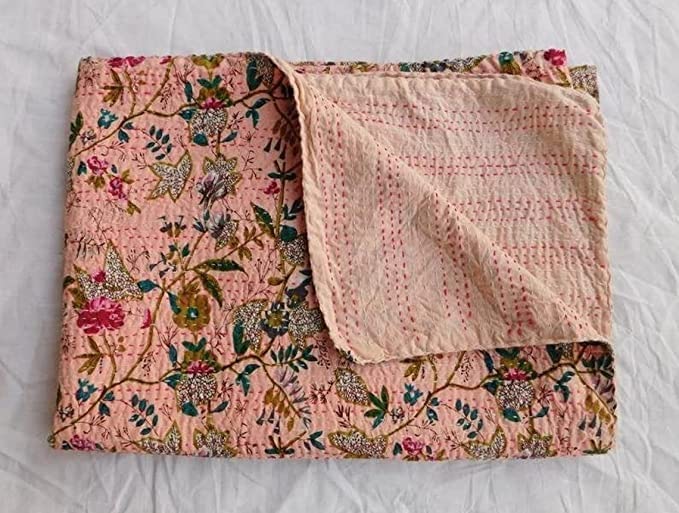 Beige Leaf Print Bird of Paradise Cotton Kantha Quilt, Indian Bedspread Handmade Bohemian Traditional Blanket Throw Quilt Gudri Bed by United Creation, 90 X 60, Peach (United Creation - 215)