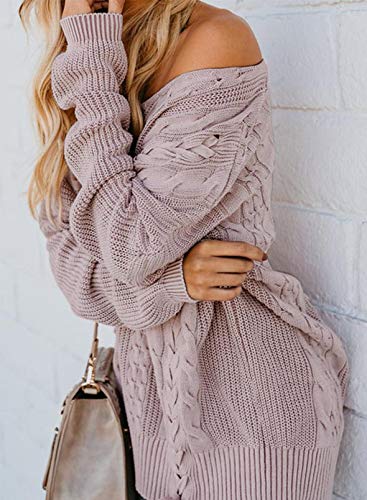 EVALESS Womens Fall Sweater 2023 Fashion Oversized Off The Shoulder Cable Knit V Neck Chunky Pullover Casual Solid Color Winter Long Sleeve Clothes Tops,Pink S