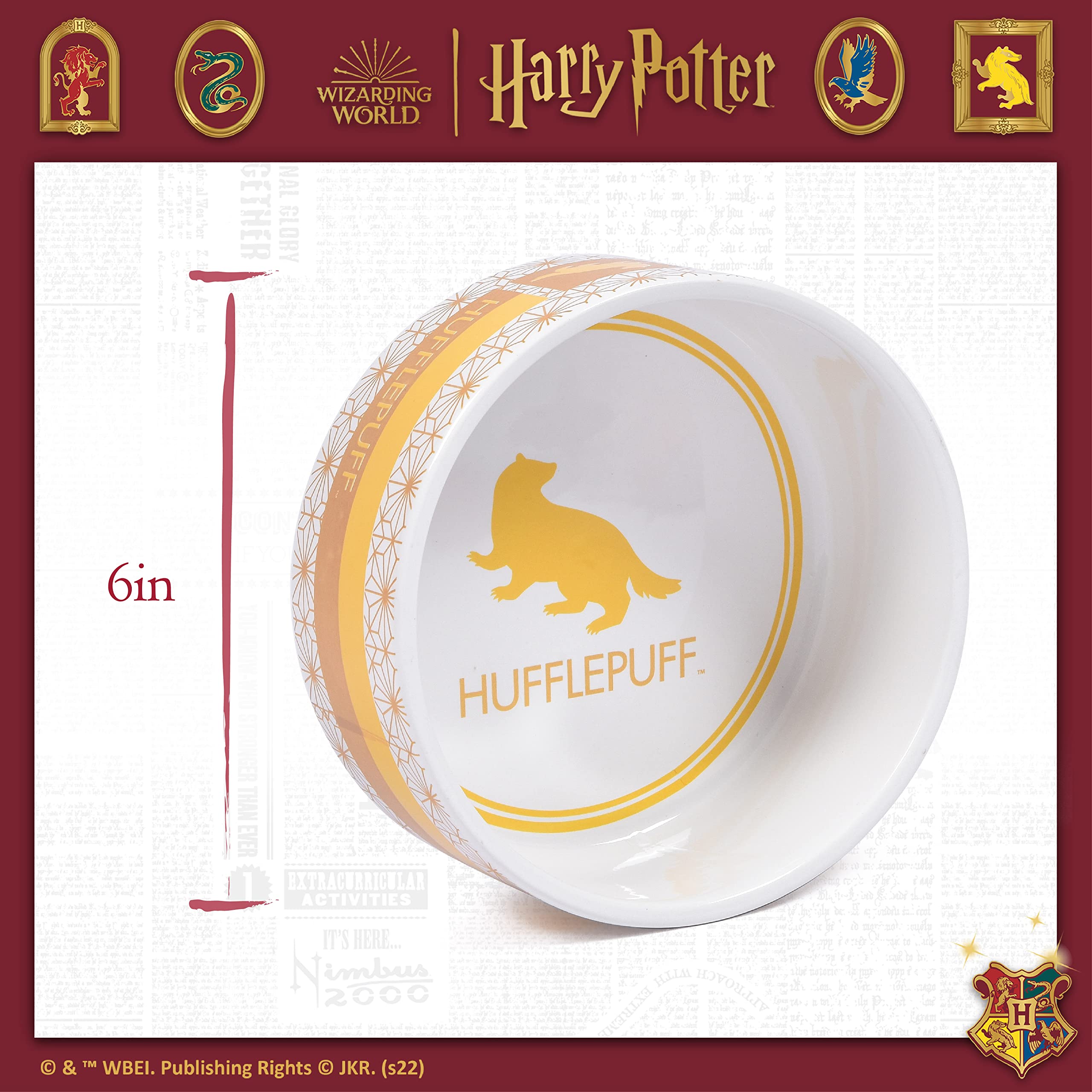 Harry Potter Hufflepuff Bowl for Pets | Harry Potter Dog or Cat Feeding Bowl | 3.5 Cups or 28oz Capacity Ceramic Dishwasher Safe Pet Dish, Yellow Hufflepuff Pet Dish
