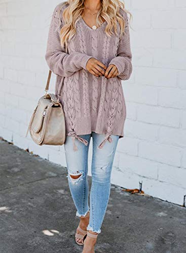 EVALESS Womens Fall Sweater 2023 Fashion Oversized Off The Shoulder Cable Knit V Neck Chunky Pullover Casual Solid Color Winter Long Sleeve Clothes Tops,Pink S