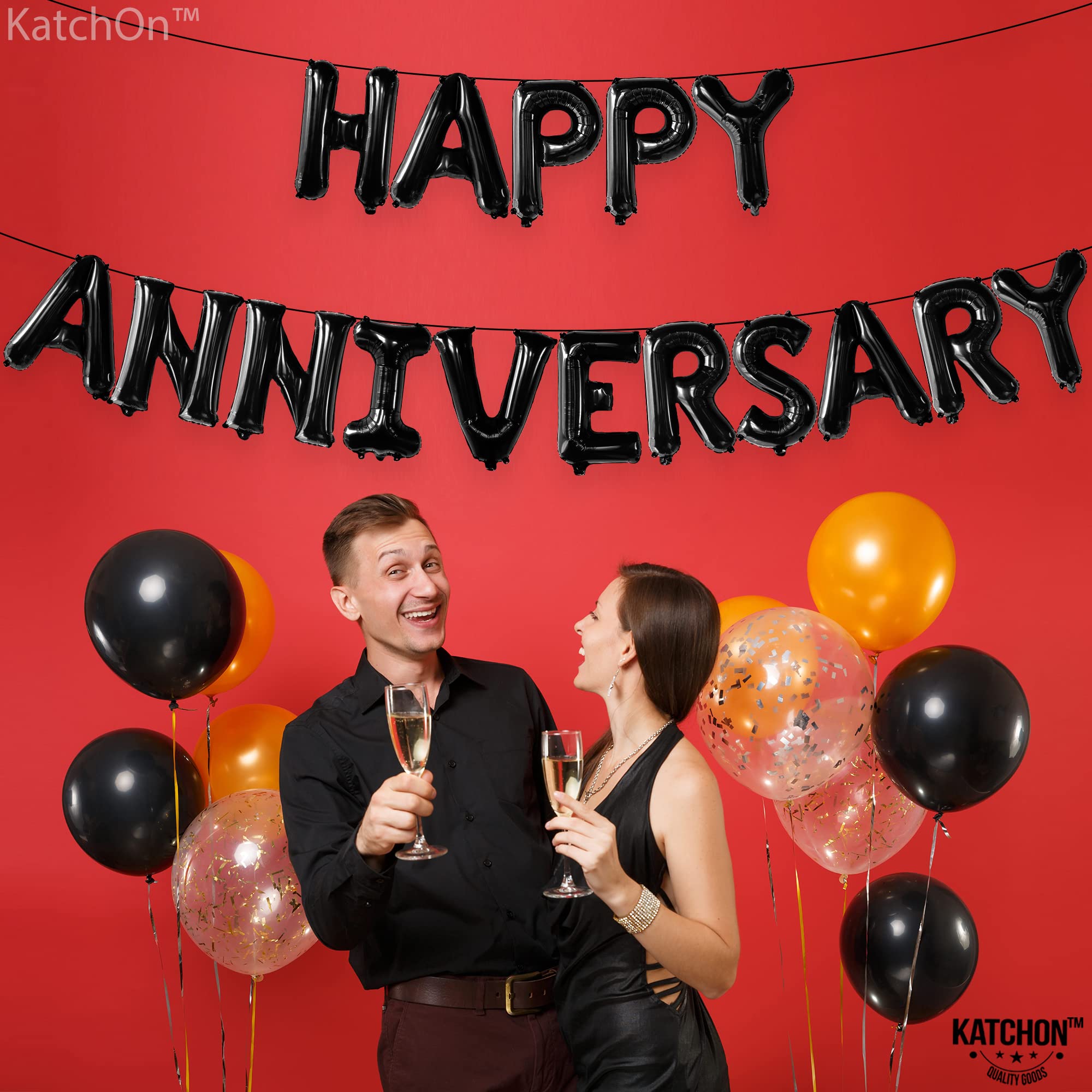 KatchOn, Happy Anniversary Balloons Black - 16 Inch | Black Happy Anniversary Banner for Happy Anniversary Decorations | Black Happy Anniversary Backdrop | Black Happy Anniversary Balloon Banner
