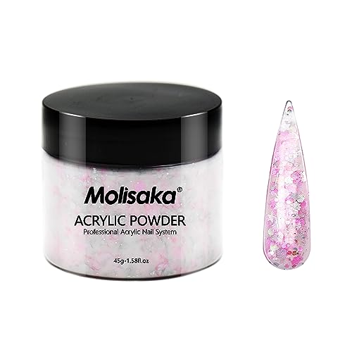 Molisaka Pink Acrylic Powder, Mixed Holographic Sequins Glitter Acrylic Nail Powder, Professional Colored Sparkle Nail Dip Powder for Nail Extension, Carving and French Manicure, No UV Light Needed…