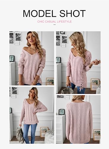 EVALESS Womens Fall Sweater 2023 Fashion Oversized Off The Shoulder Cable Knit V Neck Chunky Pullover Casual Solid Color Winter Long Sleeve Clothes Tops,Pink S
