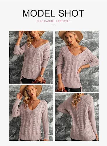 EVALESS Womens Fall Sweater 2023 Fashion Oversized Off The Shoulder Cable Knit V Neck Chunky Pullover Casual Solid Color Winter Long Sleeve Clothes Tops,Pink S