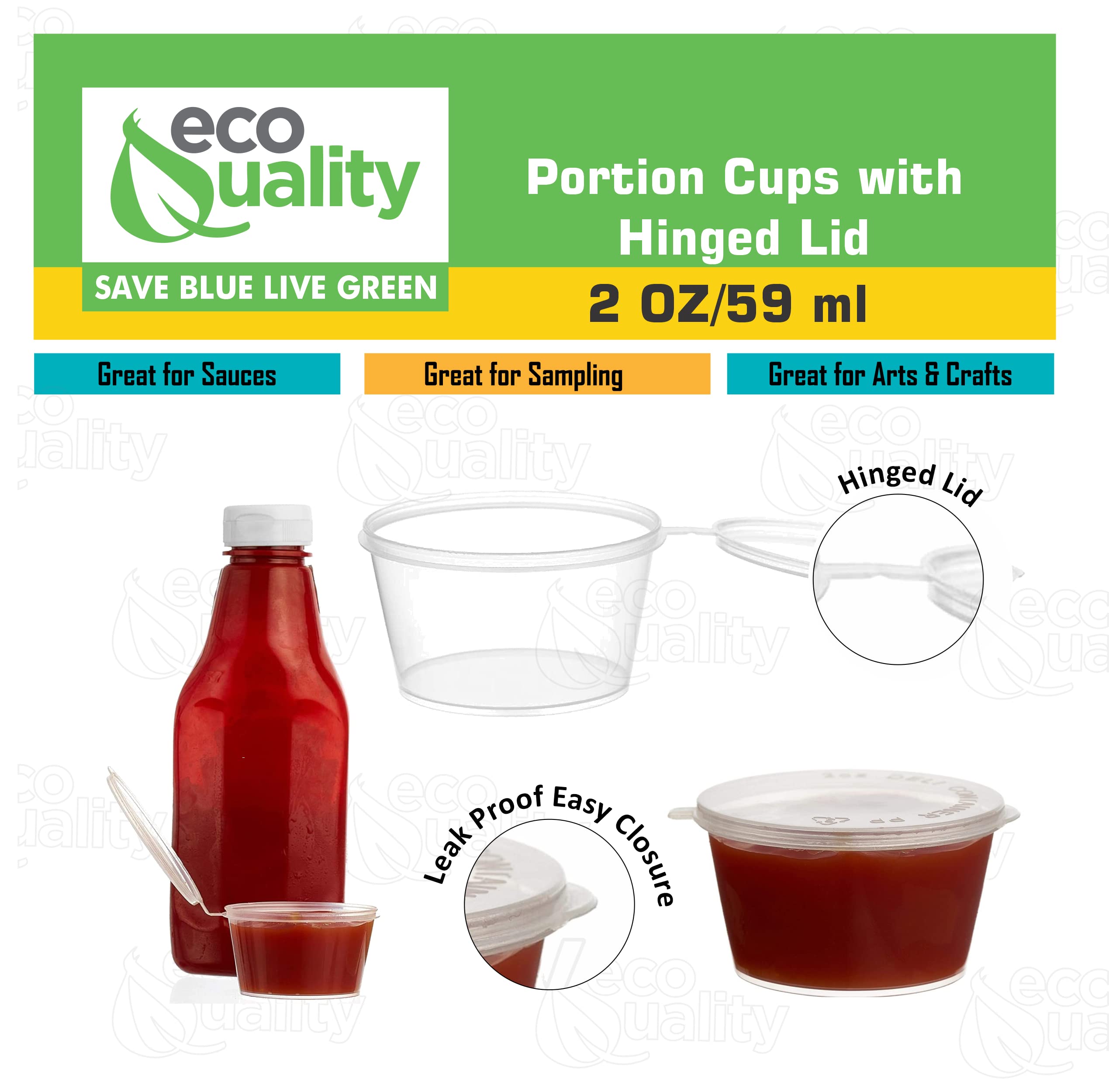 EcoQuality [50 PACK 2 Oz Leak Proof Plastic Condiment Souffle Containers with Attached Lids - Portion Cup with Hinged Lid Perfect For Sauces, Samples, Slime, Jello Shot, Food Storage & More!