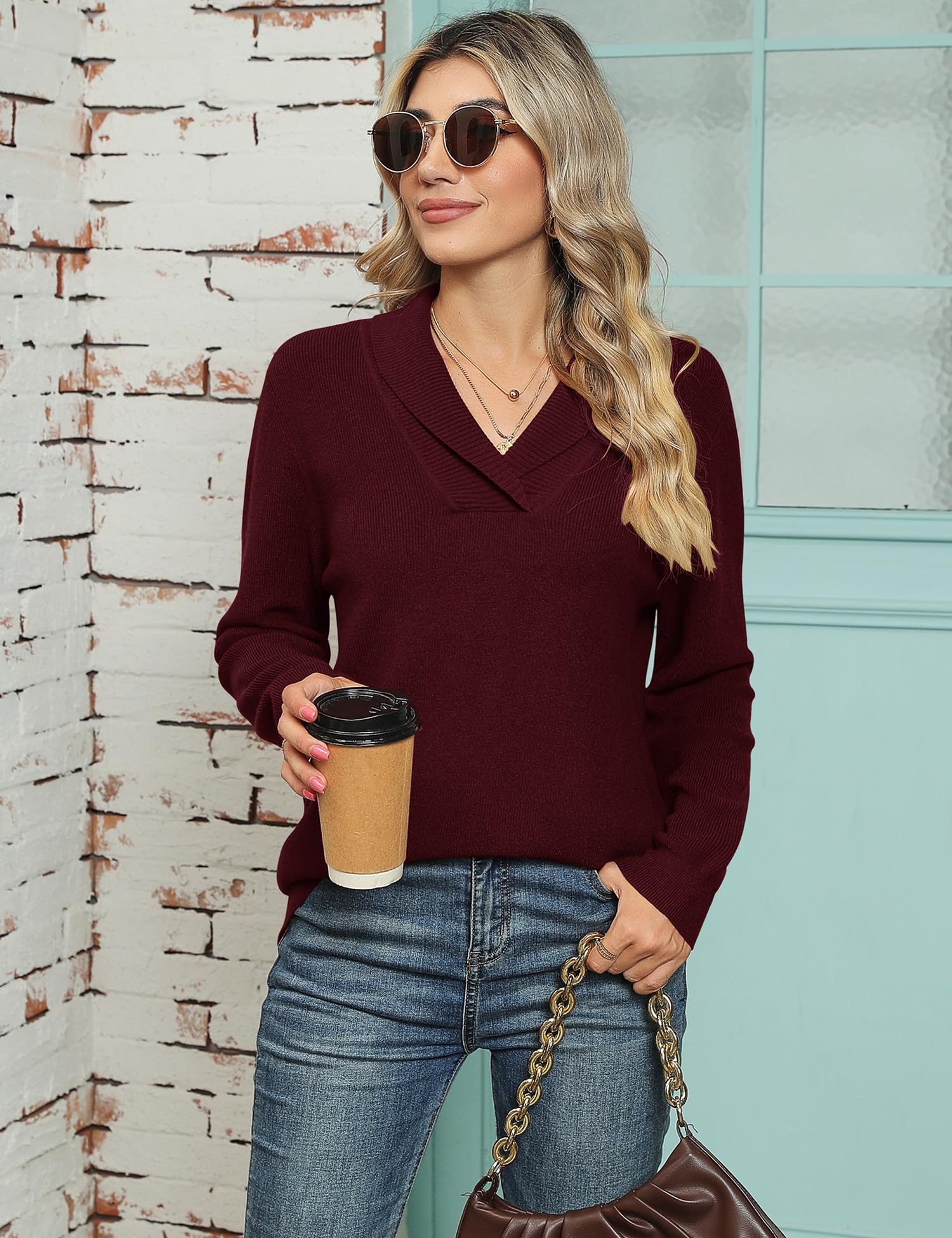 Ivicoer Collared Sweaters for Women V Neck Pullover Ladies Knitted Long Sleeve Tops Casual Fall Winter Polo Trendy