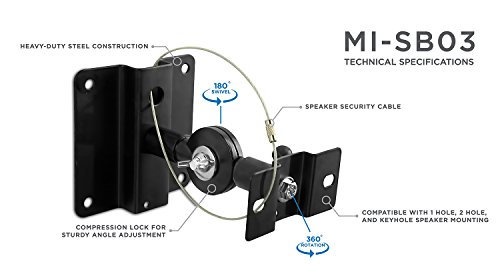Mount-It! Speaker Mount for Wall and Ceiling, Low Profile Heavy Duty, Anti-Theft, Universal for Channel Surround Sound and Satellite Speakers, Black, 2 Mounts
