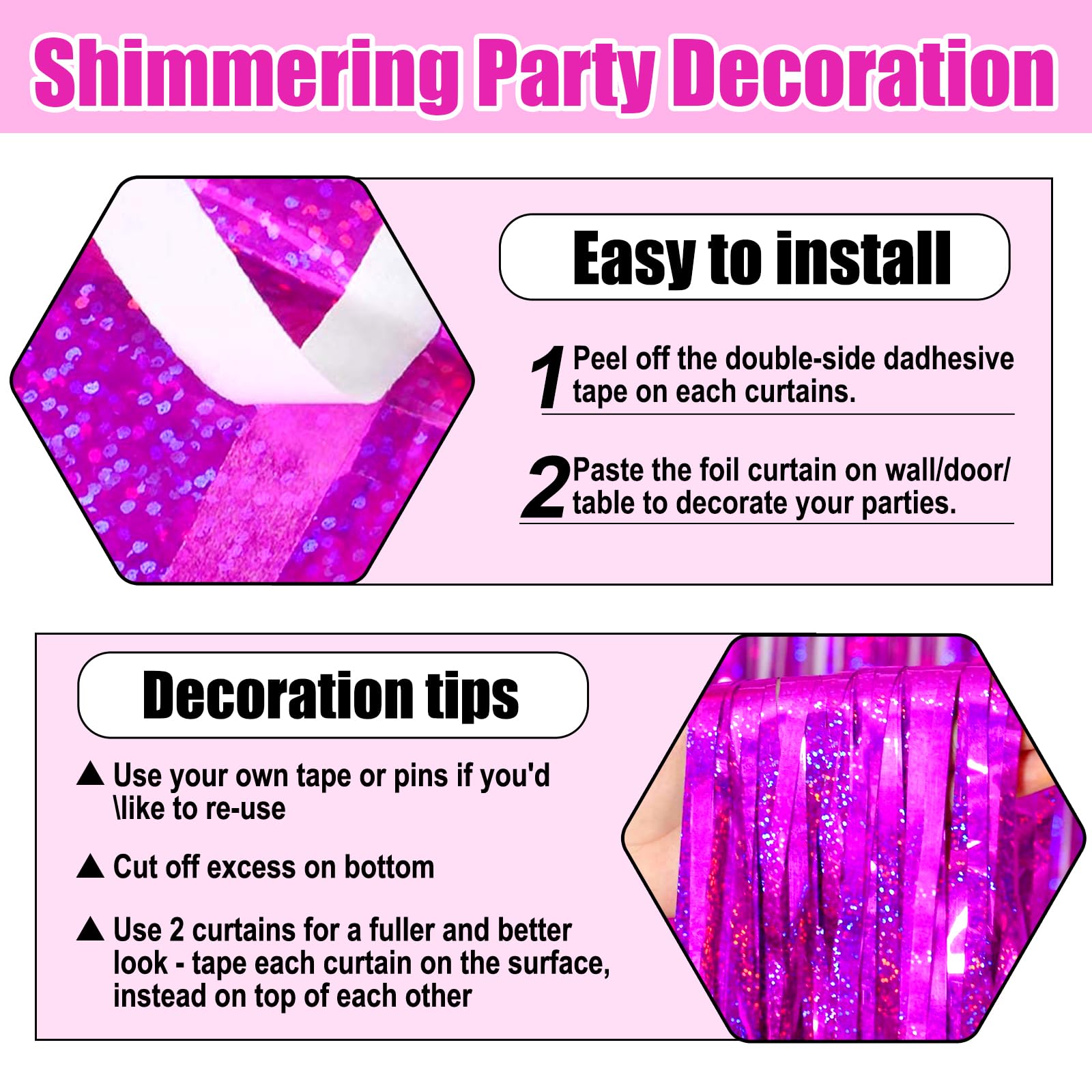 3 Pack Rose Red Foil Fringe Curtain Backdrop, 3.28Ft x 8.2Ft Metallic Tinsel Foil Fringe Streamer Curtains for Photo Booth, Mother's Day, Easter, Birthday, Wedding Party Decorations