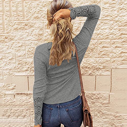 Womens Fall Tops,Long Sleeve Sexy Lace V-Neck Henley Shirts Casual Slim Fit Button Up Crochet Knit Pullover Blouses Gray