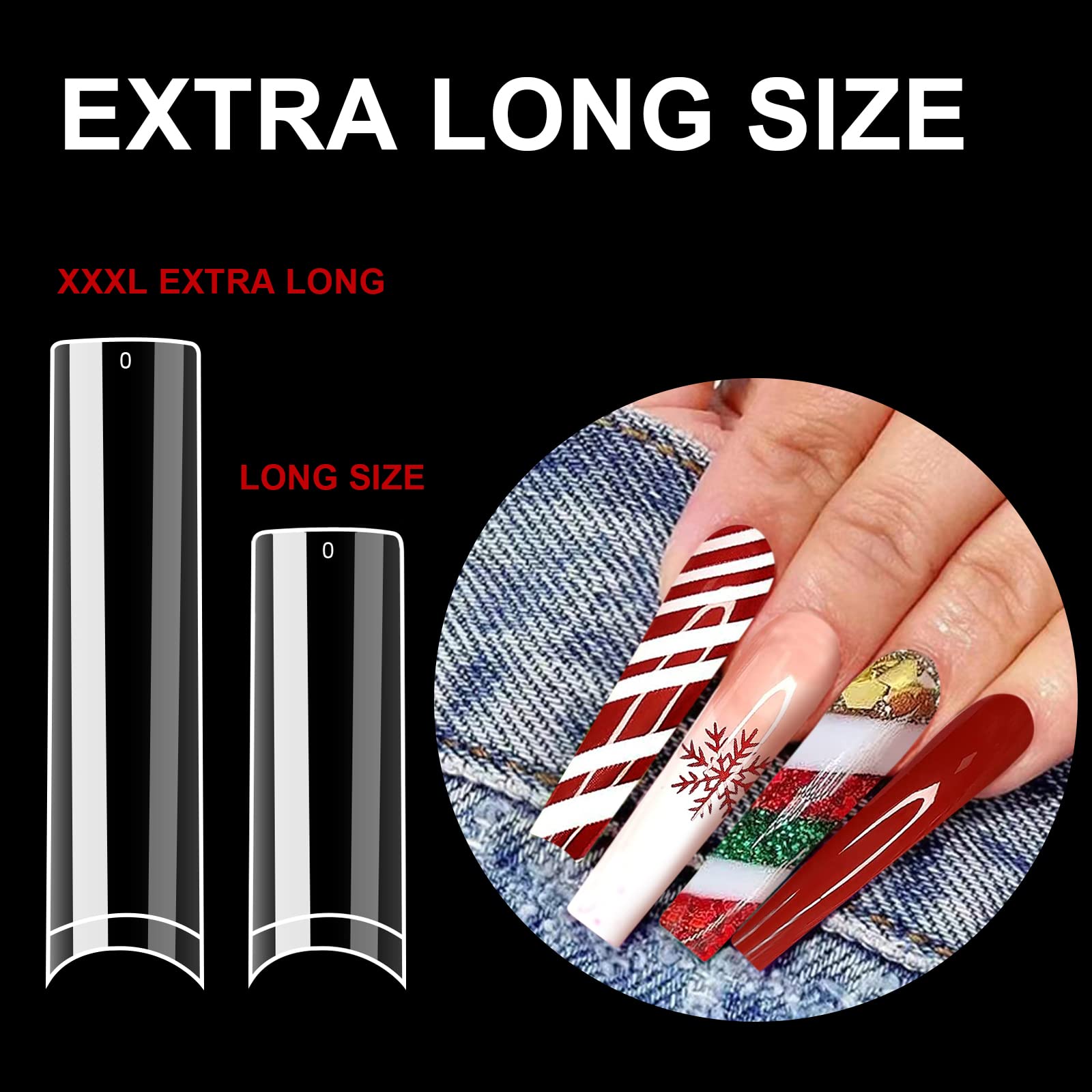 Spohom 504pcs No C Curve Nail Tips for Acrylic Nails Professional, 3XL Extra Long Clear Nail Tips Half Cover Square Shape, 12 Sizes Straight Tapered Square Fake Acrylic Nail Tips For Nail Extension Nail Art, Salon&Home DIY