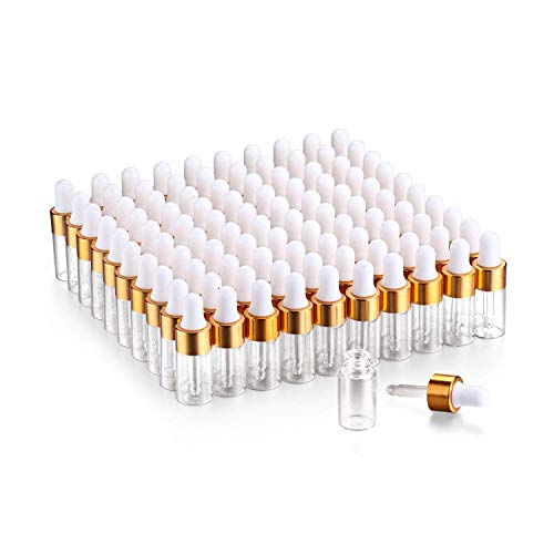 ConStore 100pcs Clear Glass Dropper Bottle Mini Perfume Essential Oil Bottles with Glass Eye Dropper Empty Sample Vial Jar Refillable Cosmetic Containers+3 Dropper+1 Funnel (3ml)