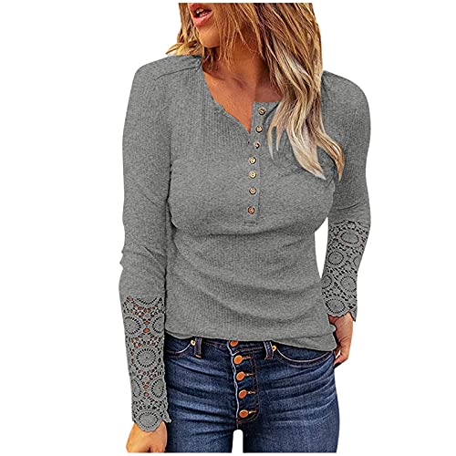 Womens Fall Tops,Long Sleeve Sexy Lace V-Neck Henley Shirts Casual Slim Fit Button Up Crochet Knit Pullover Blouses Gray