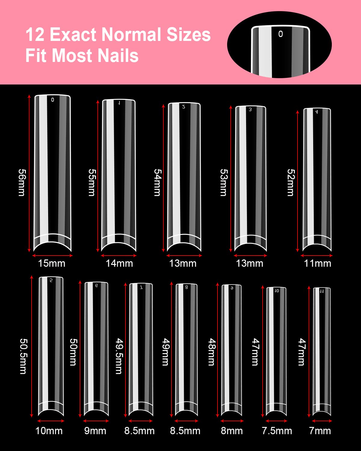Spohom 504pcs No C Curve Nail Tips for Acrylic Nails Professional, 3XL Extra Long Clear Nail Tips Half Cover Square Shape, 12 Sizes Straight Tapered Square Fake Acrylic Nail Tips For Nail Extension Nail Art, Salon&Home DIY