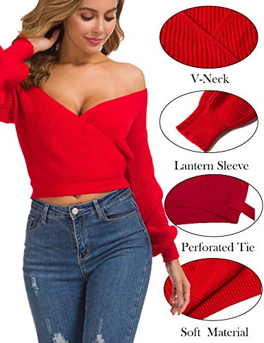 Women Knitted Crop Deep V-Neck Long Sleeve Pullover Cross Wrap Front Loose Sweater