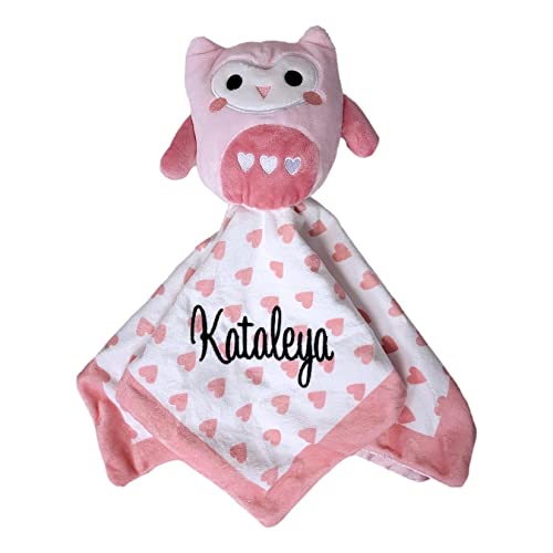 SONA G DESIGNS Baby Lovey Custom Personalized with Name Plush Security Blanket - Narwhale - Elephant - Owl for Infants Babies Toddlers Newborns (Pink Owl with Embroidered Name)