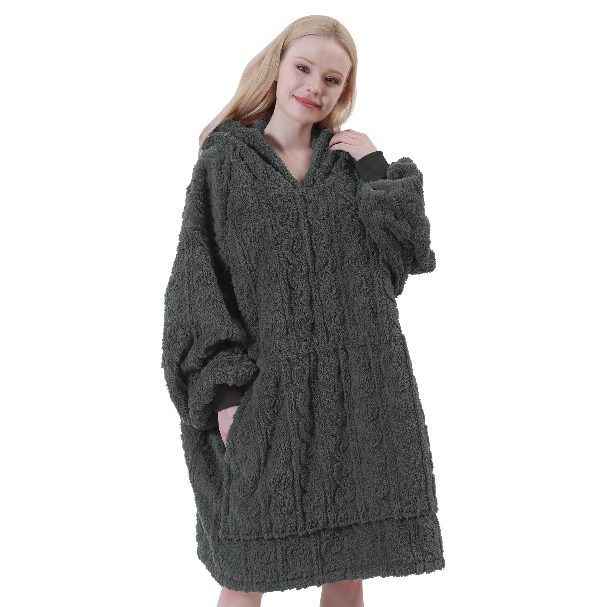 Easy-Going Oversized Wearable Blankets, Cozy and Plush Jacquard Flannel Hoodie Blanket with Front Pocket, Adults, Dark Gray
