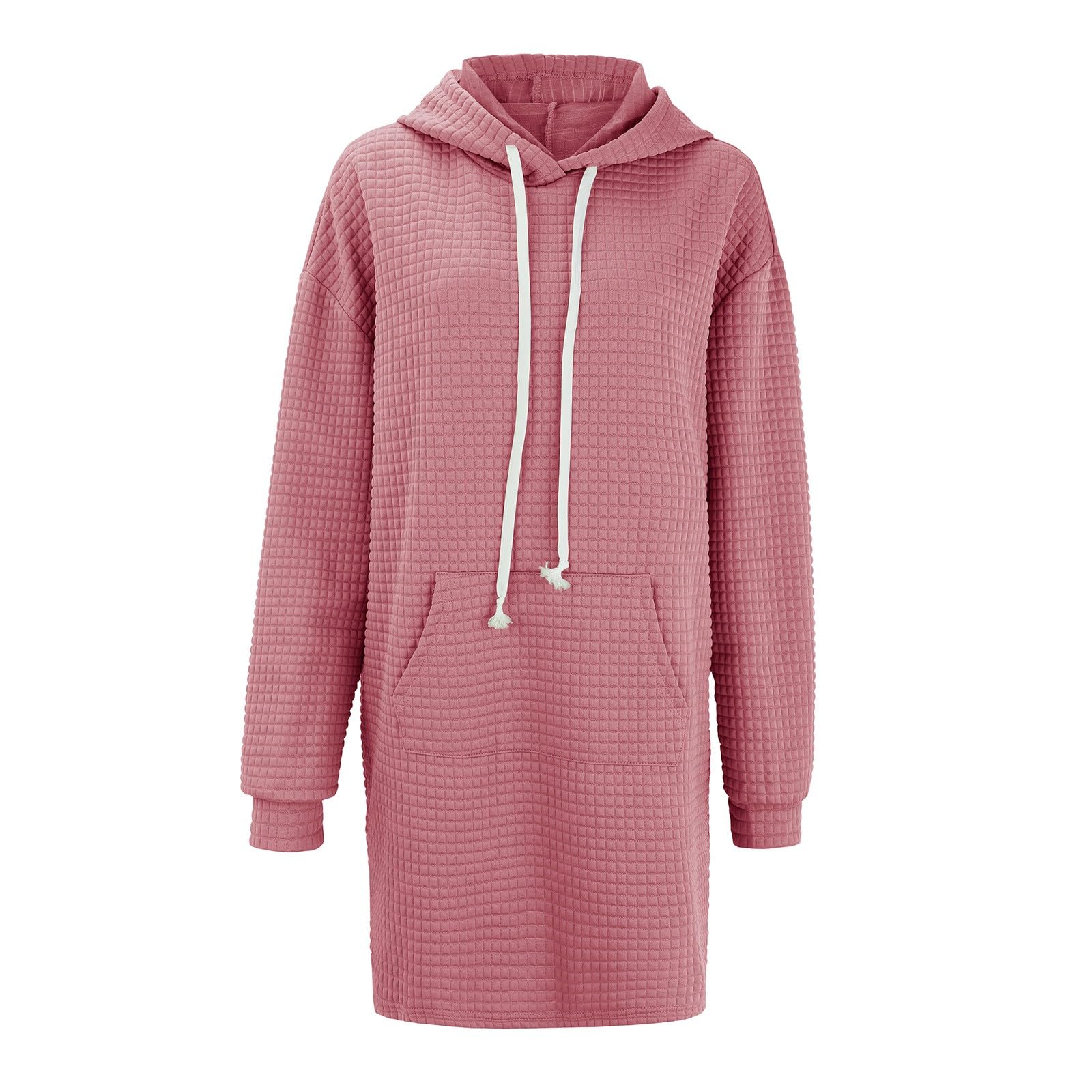 ZYXTIM Women Waffle Knit Sweatshirt Dress Plus Size Loose Fall Long Sleeve Hoodies Drwastring Pullover with Kangaroo Pocket Pink