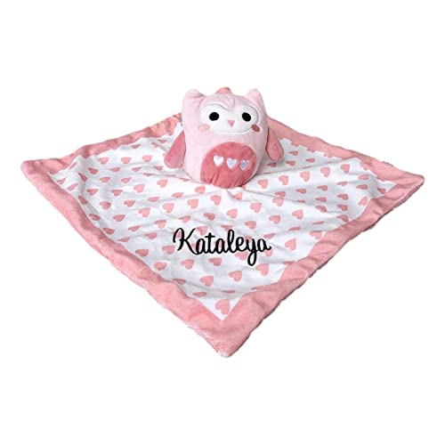 SONA G DESIGNS Baby Lovey Custom Personalized with Name Plush Security Blanket - Narwhale - Elephant - Owl for Infants Babies Toddlers Newborns (Pink Owl with Embroidered Name)
