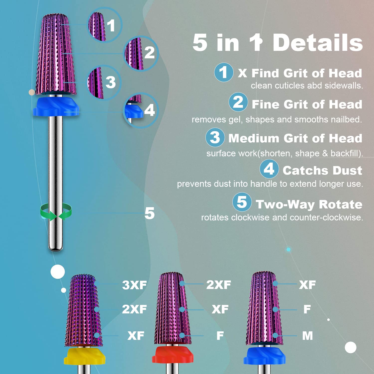 3Pcs Carbide 5 in 1 Nail Drill Bit Set- Two Way Rotate Use for Both Left and Right Handed- XF, F, M 3/32 Inches Brocas Para Drill Nails for Acrylic Nail Gel Fast Remove