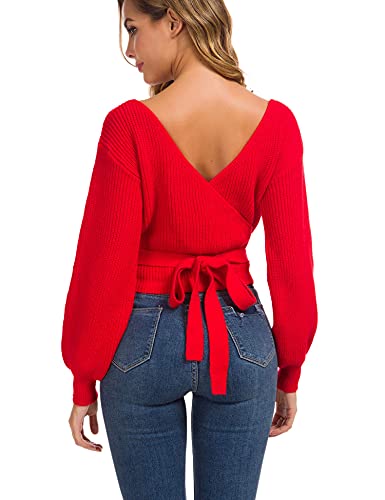 Women Knitted Crop Deep V-Neck Long Sleeve Pullover Cross Wrap Front Loose Sweater