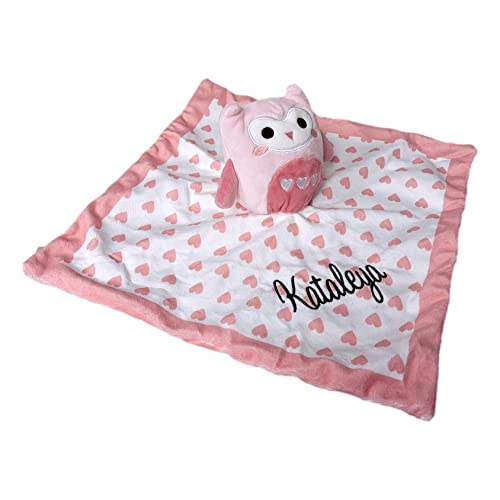 SONA G DESIGNS Baby Lovey Custom Personalized with Name Plush Security Blanket - Narwhale - Elephant - Owl for Infants Babies Toddlers Newborns (Pink Owl with Embroidered Name)