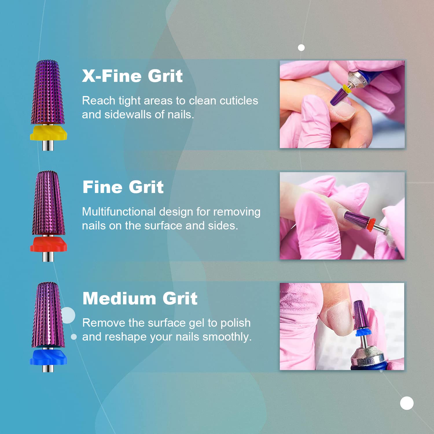 3Pcs Carbide 5 in 1 Nail Drill Bit Set- Two Way Rotate Use for Both Left and Right Handed- XF, F, M 3/32 Inches Brocas Para Drill Nails for Acrylic Nail Gel Fast Remove