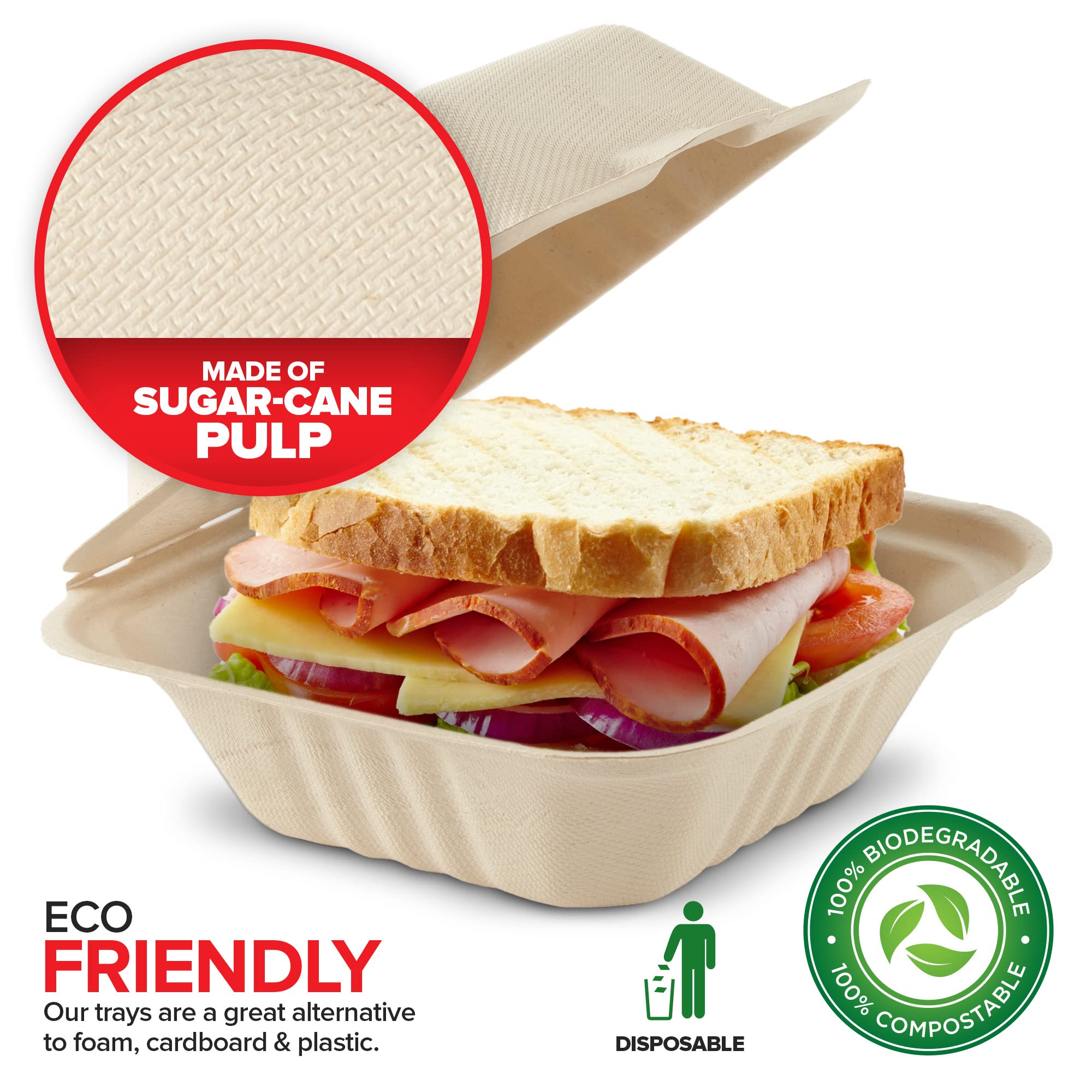 Clamshell Take Out Food Containers 6" x 6” (50 Pack) 1-Compartment, Disposable To Go Container, Togo Boxes With Lids, Trays for Lunch, Dinner, Meal-Prep, Eco Friendly, Compostable, Biodegradable