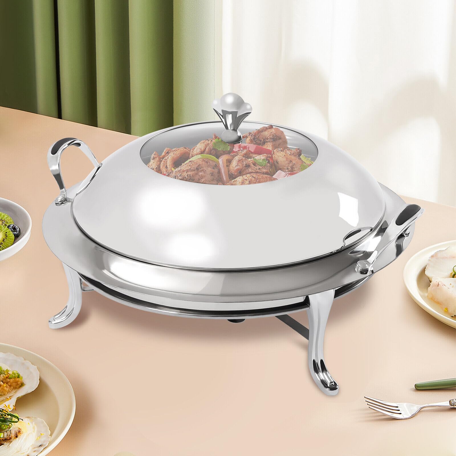 Chafing Dish Stainless Steel Round Durable Buffet Warmer Tray Durable Frame with Lid,Chafing Fuel Holder for Kitchen Party Dining Buffet Without Water Pan for Weddings & Family Gatherings (Silver)